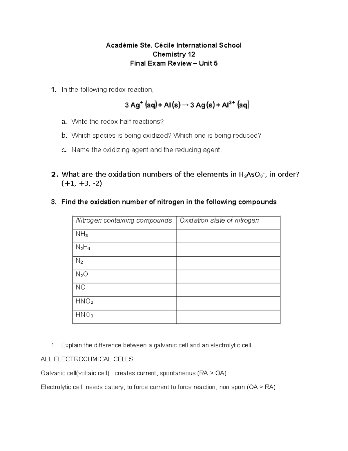Chemistry 12 Final Exam Review - Unit 5: Redox Reactions and Cells ...