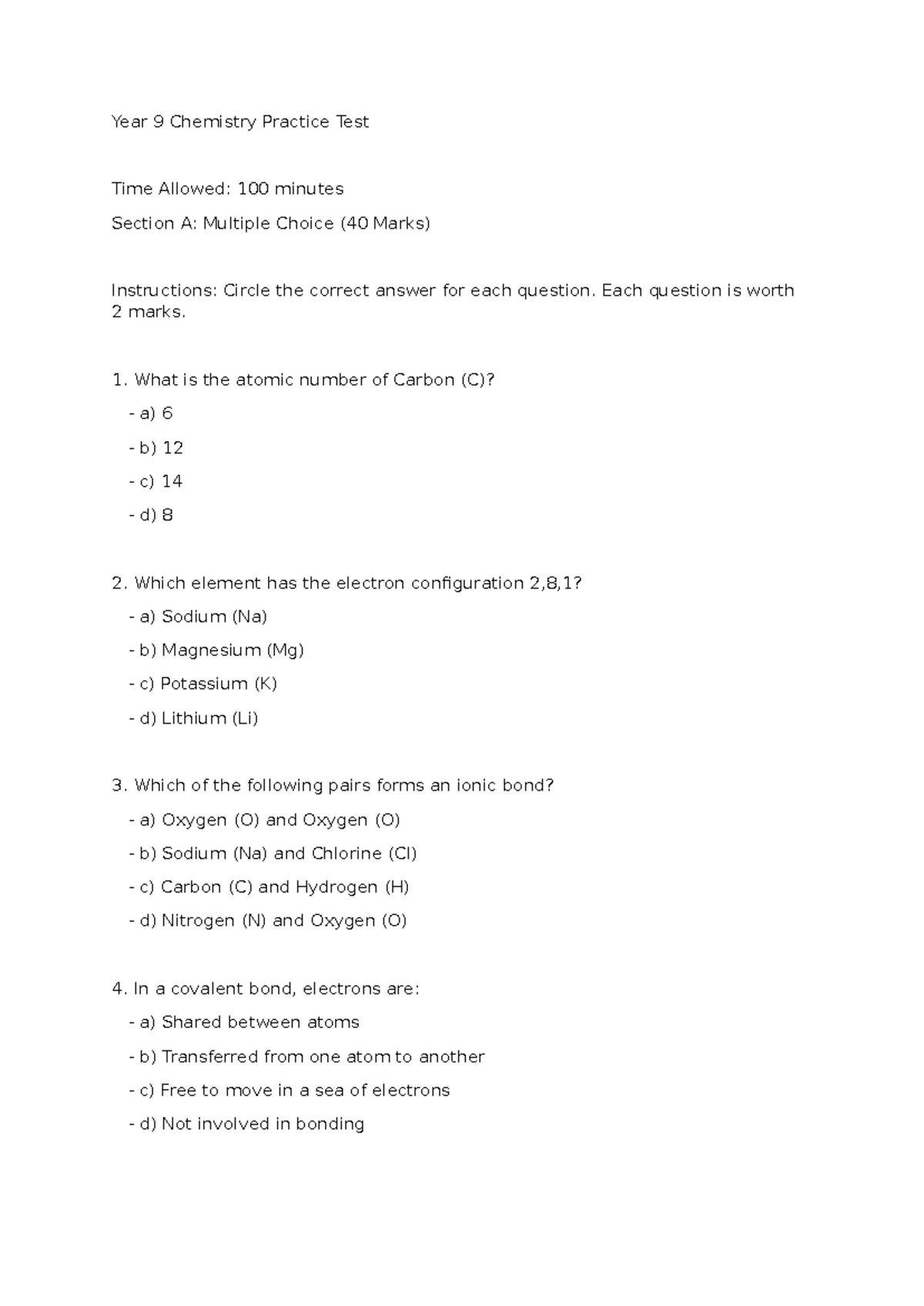 Year 9 Chemistry Practice Test: Questions & Answers Guide - Studocu