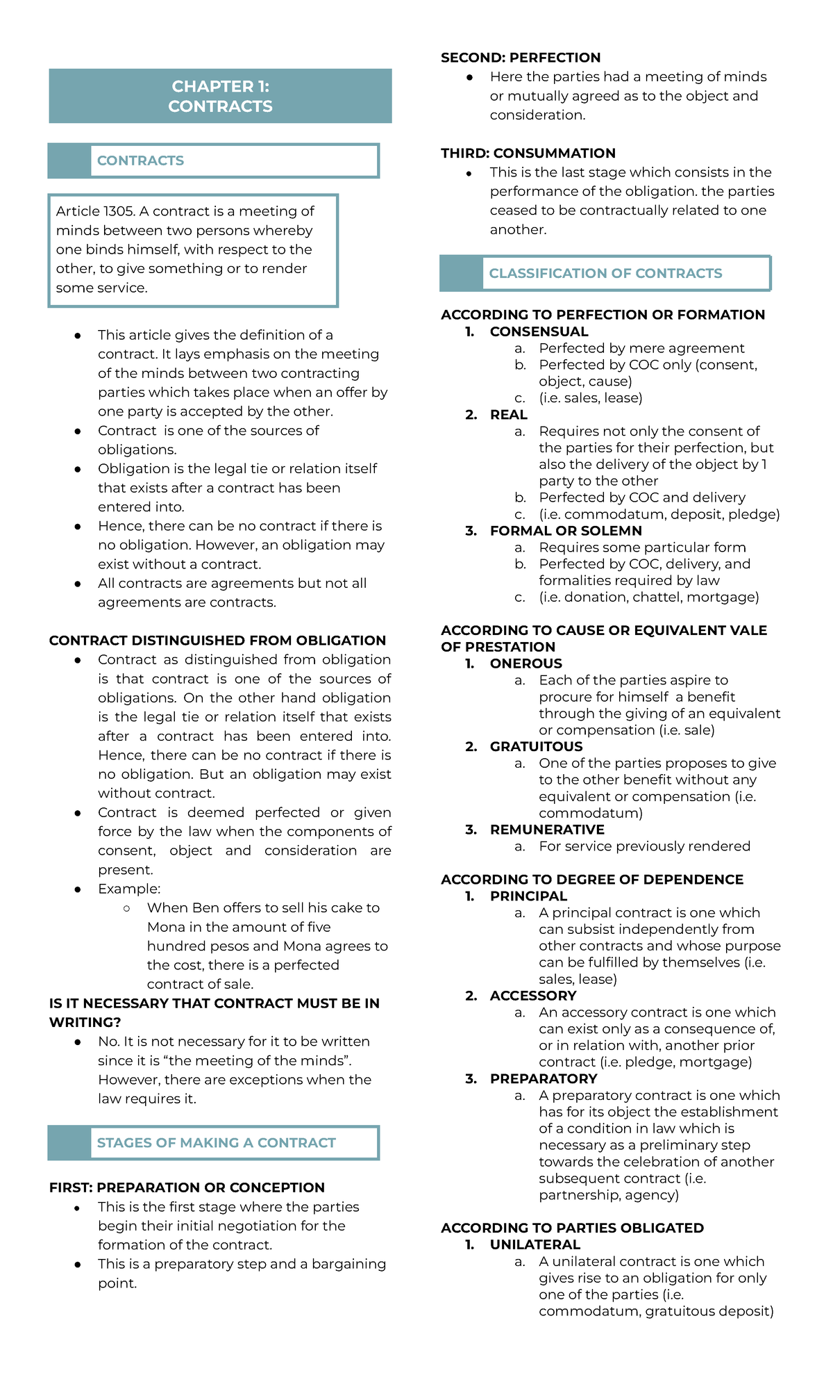 LAW 101 - finals draft - CHAPTER 1: CONTRACTS CONTRACTS Article 1305. A contract is a meeting of ...