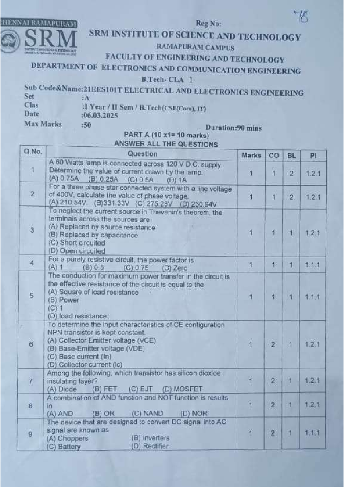 CLA I ECE 1st Year II Sem Electrical & Electronics Engineering QP - Studocu