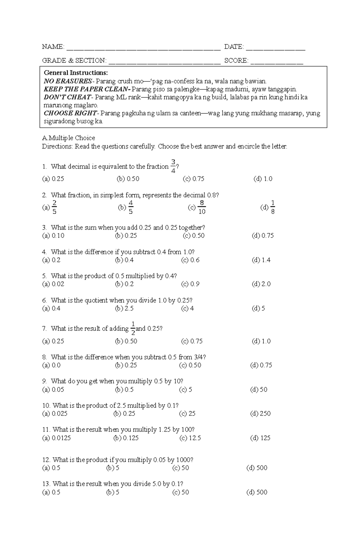 MATH 6 1ST Quarter Exam - Decimals: Addition, Subtraction ...