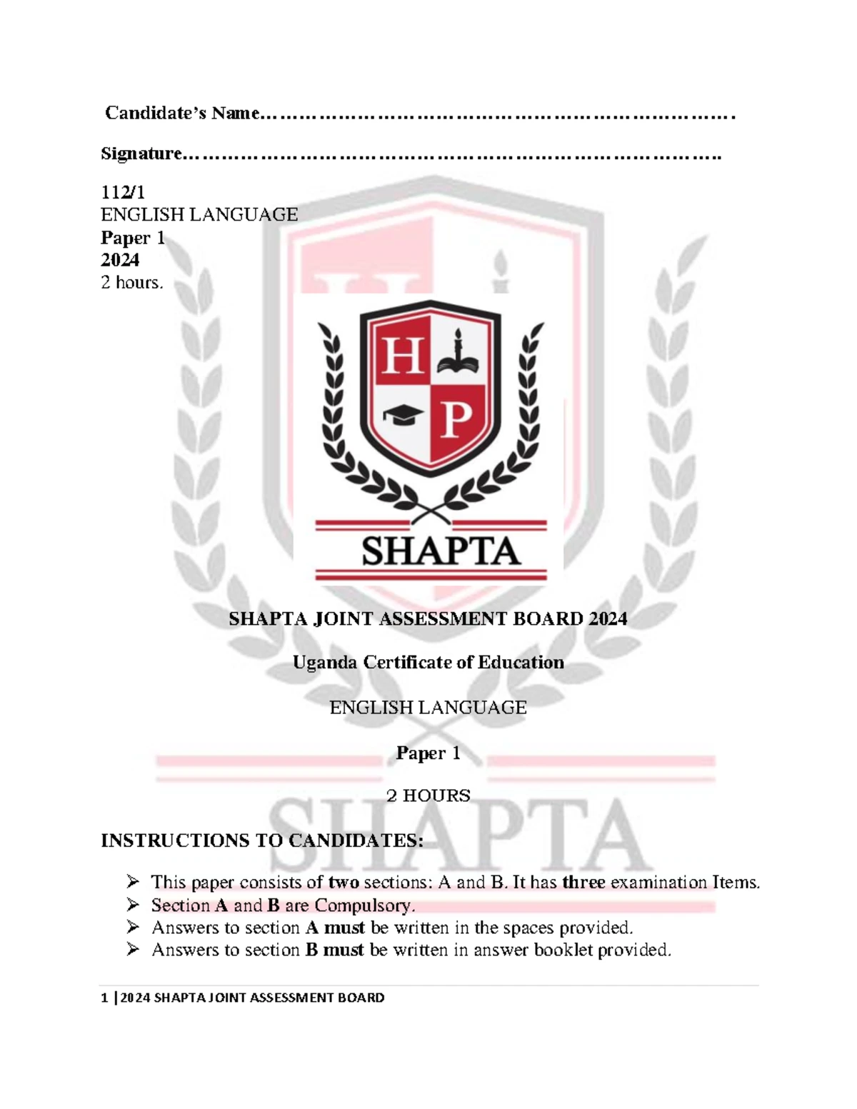 UMTA Joint Mock Exam 2024: English Language Paper 1 - Studocu