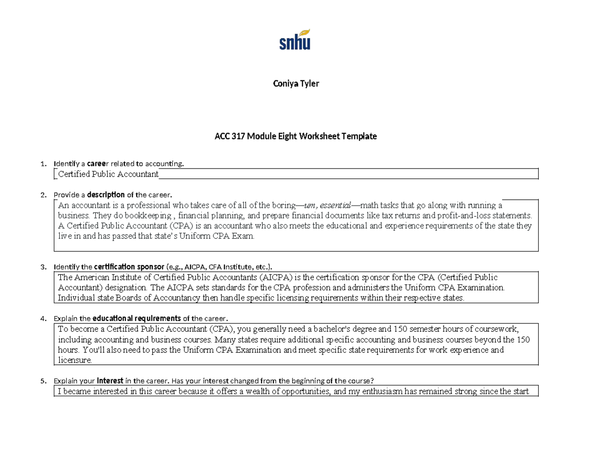 ACC 317 Module Eight Worksheet: Career in Accounting - CPA Overview ...
