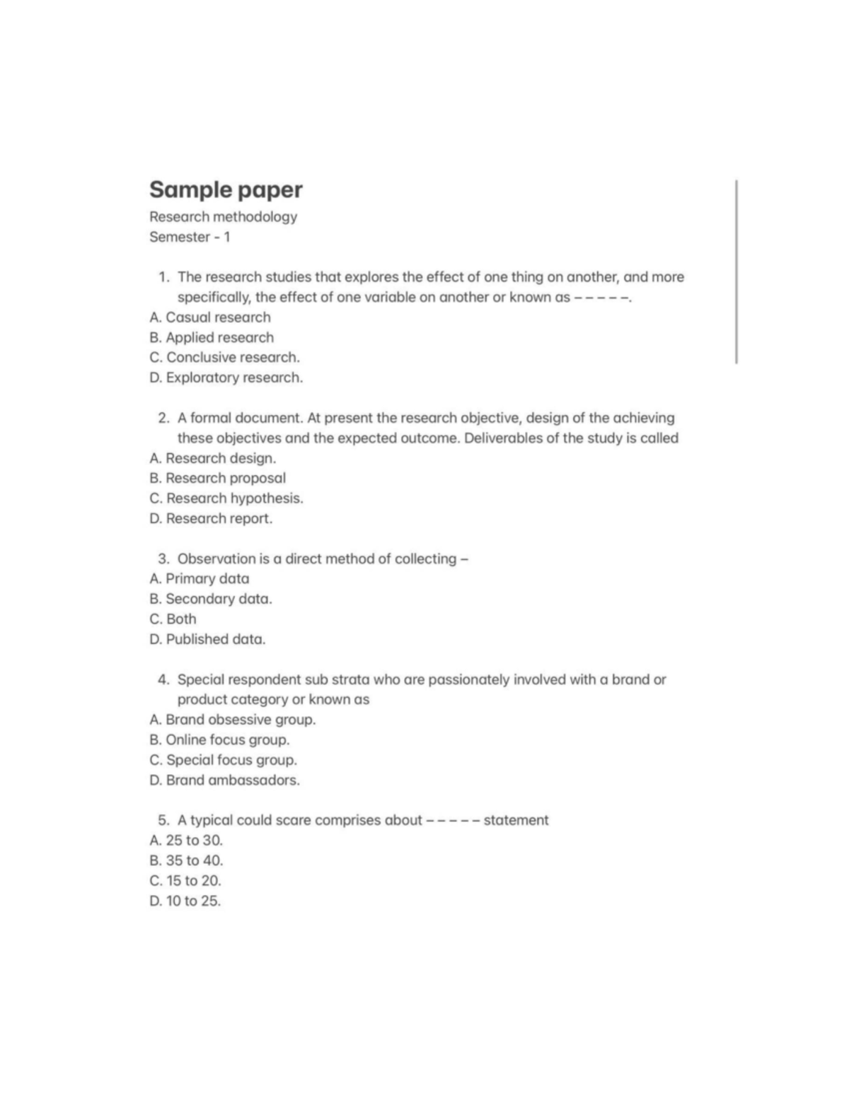 Research Methodology - Sample Paper for Semester 1 - Studocu