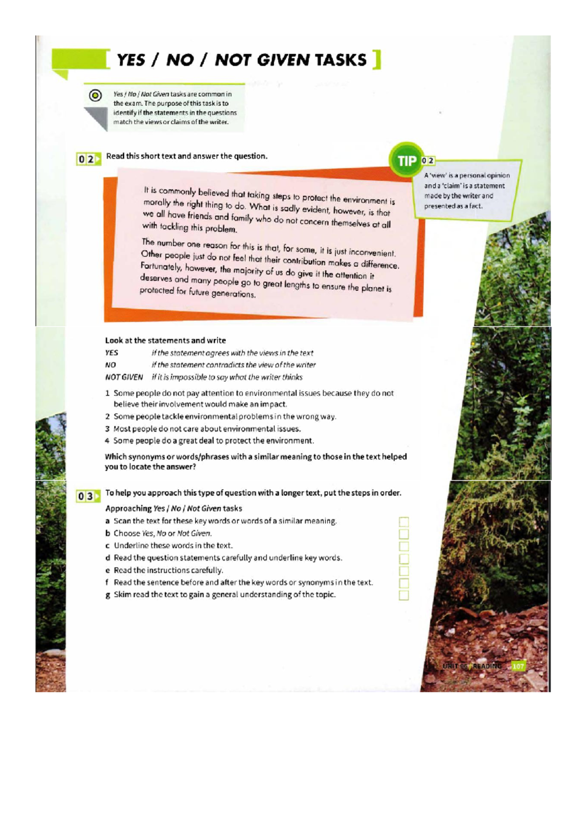 Mindset 2 Unit 6B: Yes No Not Given Tasks on Nature & Environment - Studocu