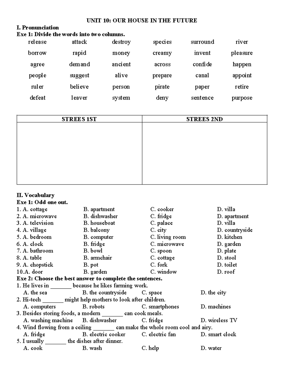 UNIT 10: OUR HOUSE IN THE FUTURE - Exercises & Grammar Notes - Studocu