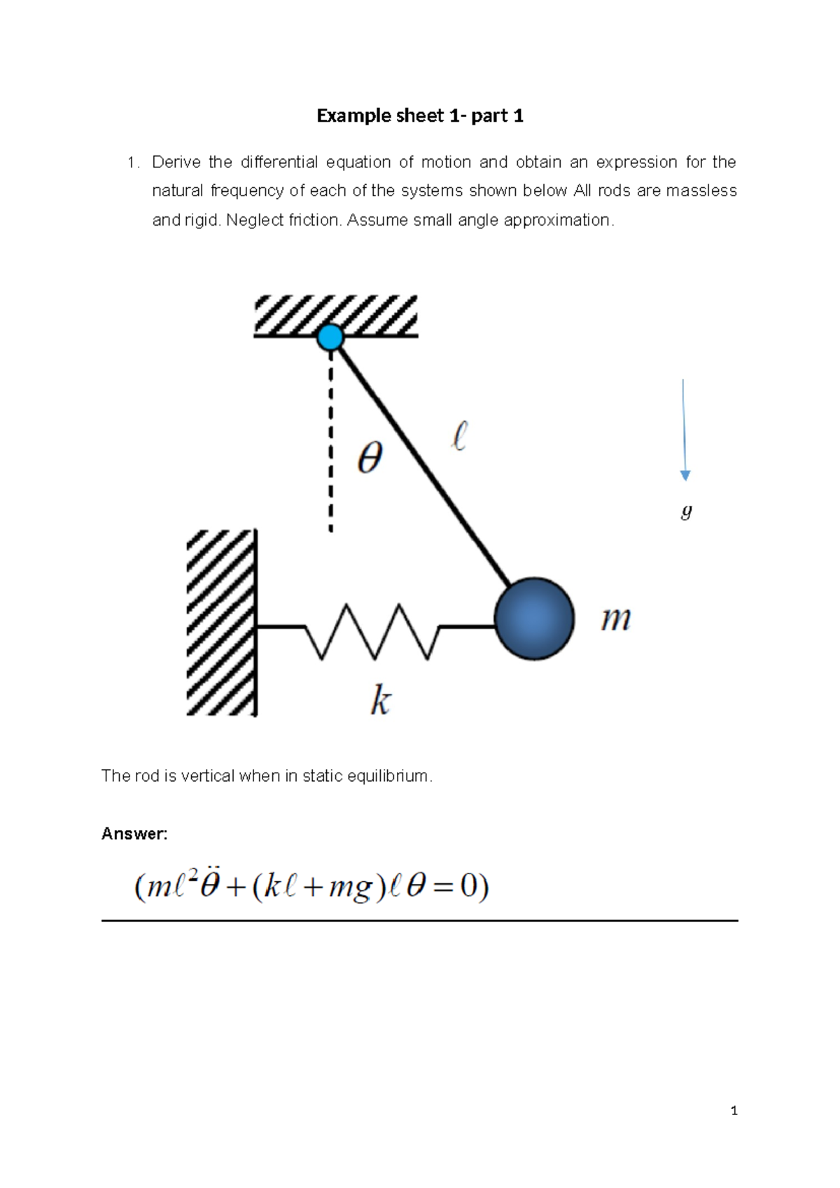 Example Sheet 1: Deriving Motion Equations & Natural Frequencies - Studocu