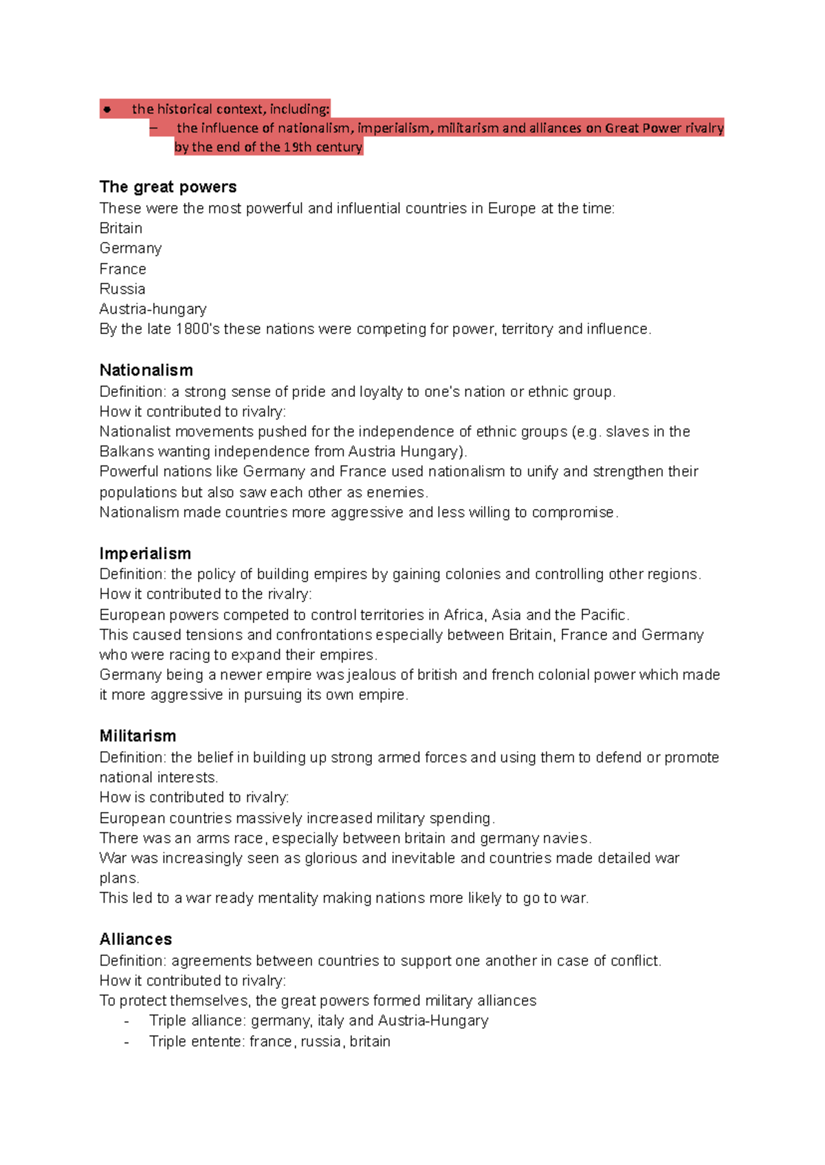 Modern History Notes: Nationalism, Imperialism, and WWI Legacy - Studocu