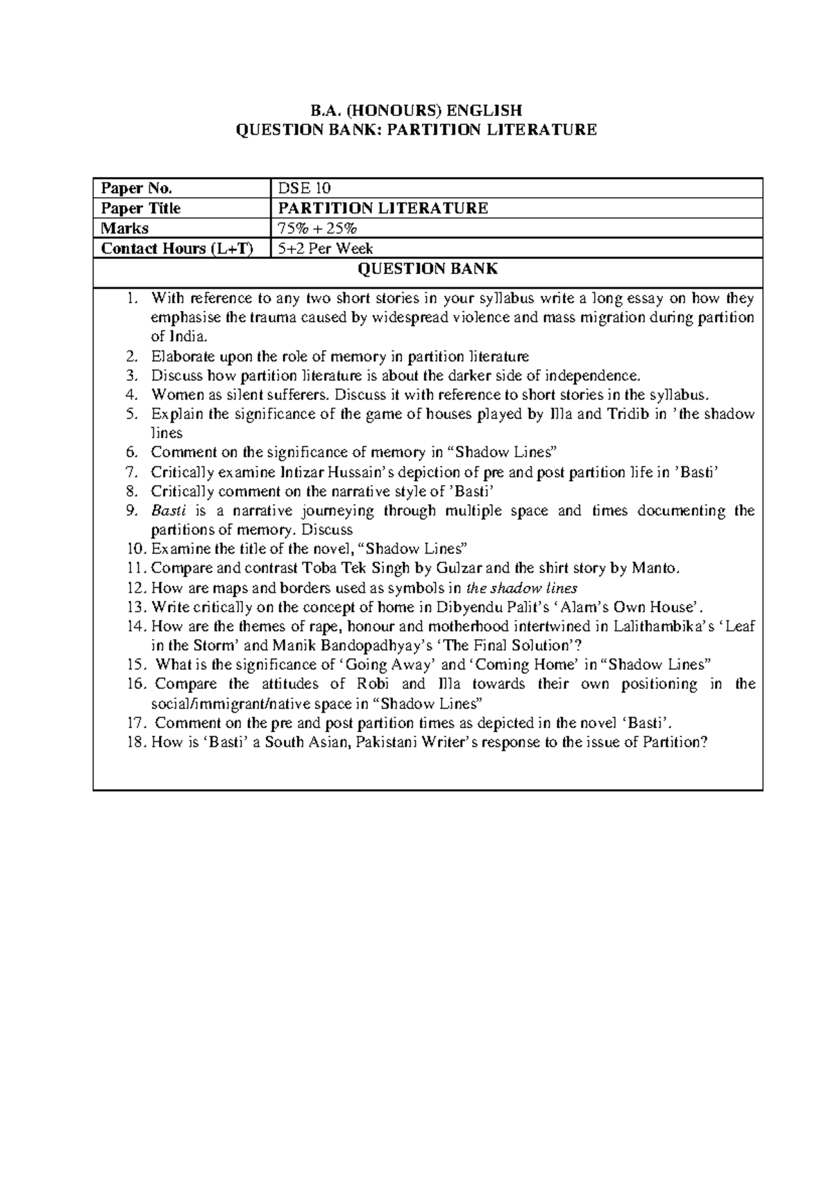 B.A. (HONS) ENGLISH DSE 10: PARTITION LITERATURE QUESTION BANK - Studocu