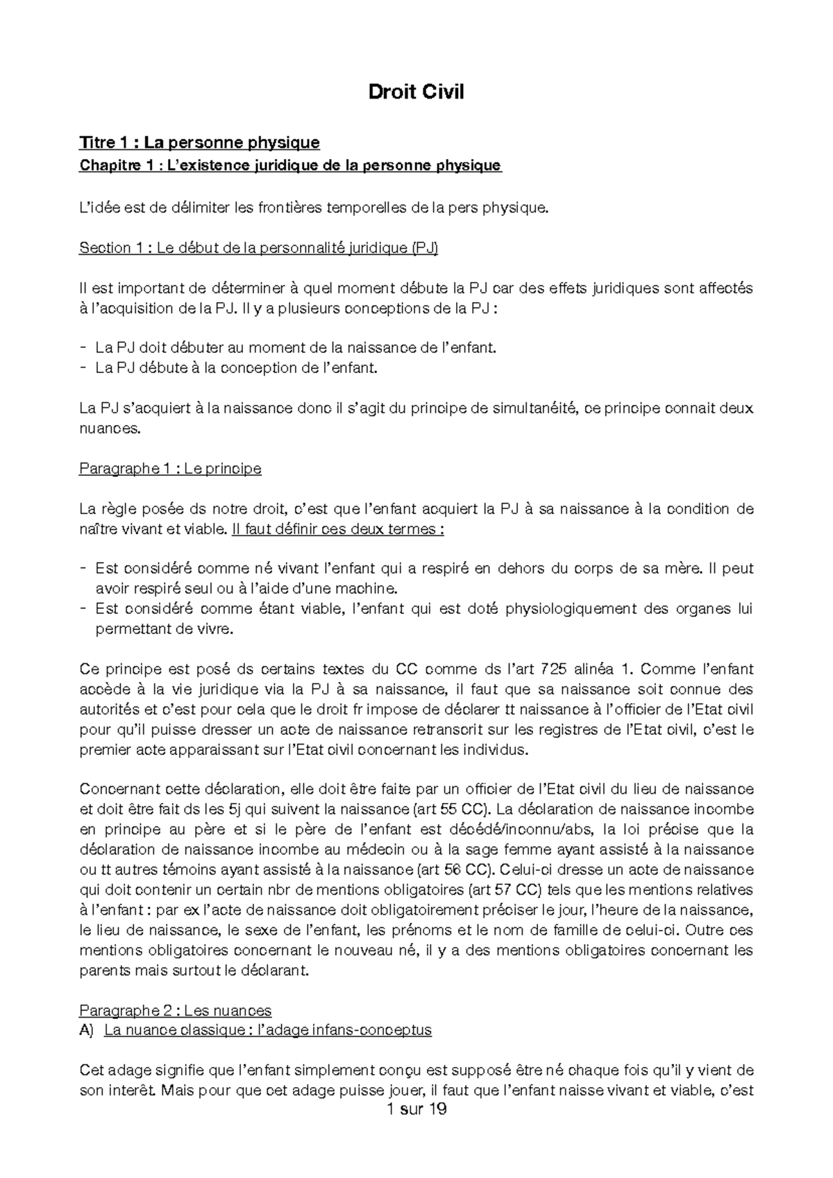 Droit Civil L1S2 : La Personne Physique - Chapitre 1 et 2 - Studocu