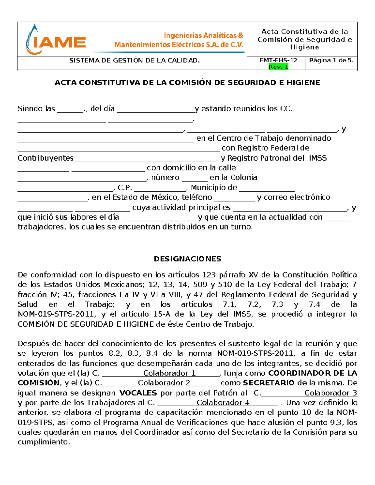 Acta Constitutiva de la Comisión de Seguridad e Higiene - FMT-EHS - Studocu