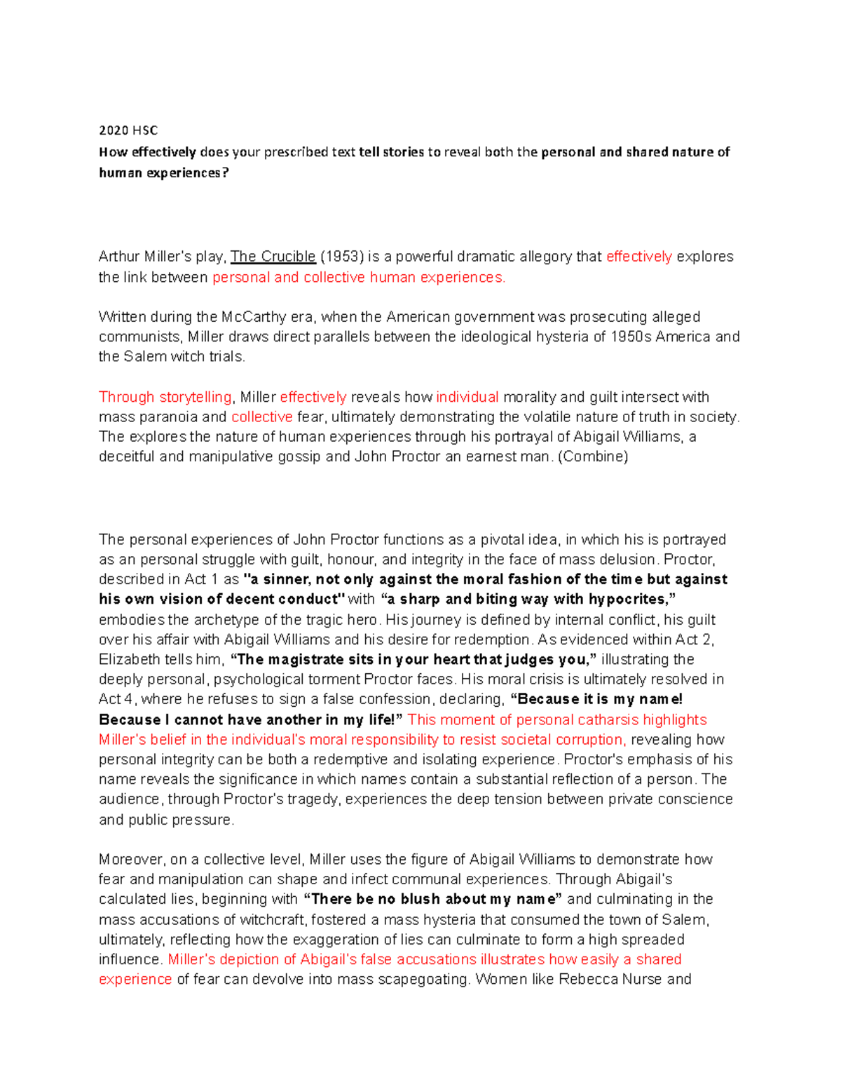 HSC English Essay: The Crucible's Exploration of Personal and Shared ...