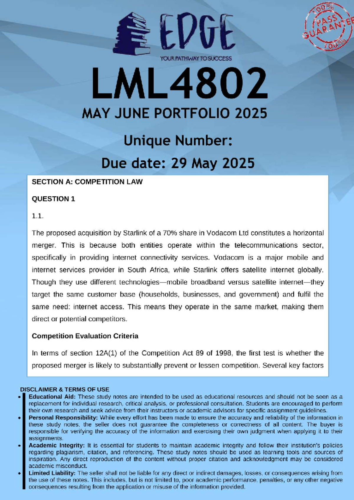 LML4802 May-June 2025 Portfolio: Competition Law Analysis Memo - Studocu