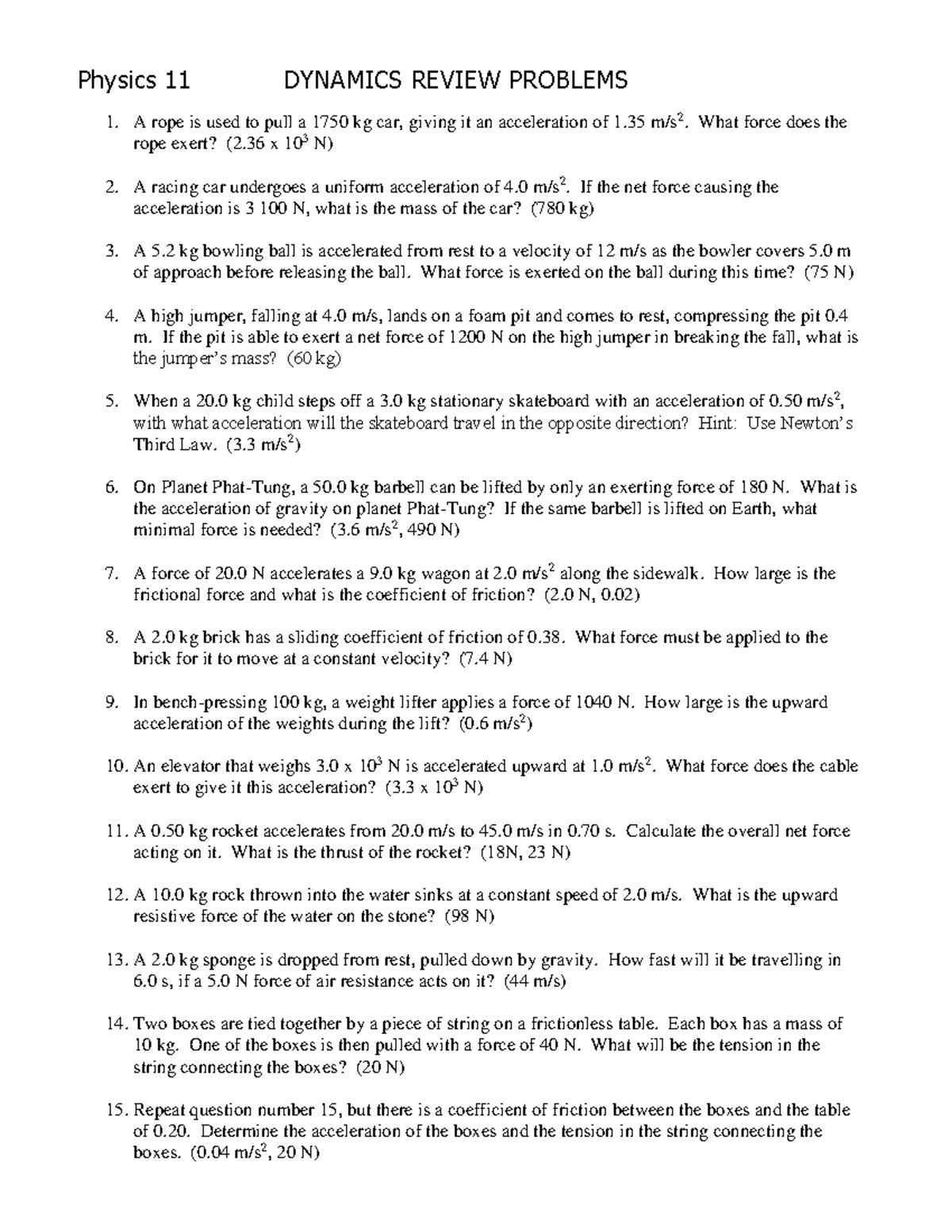 Physics 11 Dynamics Review Problems and Practice Questions - Studocu