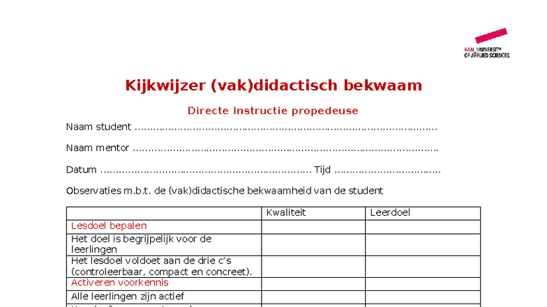 Kijkwijzer Didactische Bekwaamheid Propedeuse - Observatie Gids ...