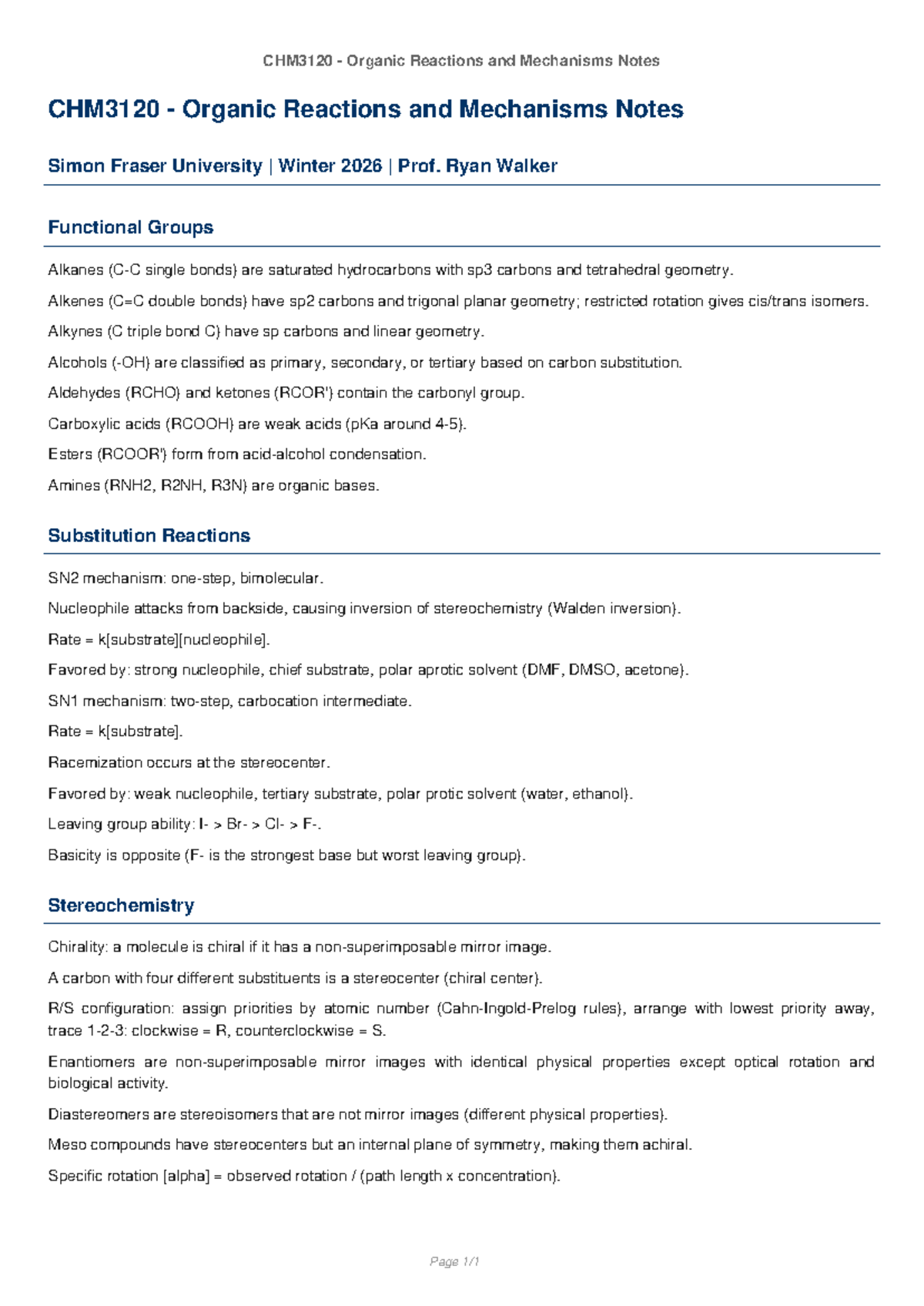 CHM3120 Organic Reactions & Mechanisms Study Notes Winter 2026 - Studocu
