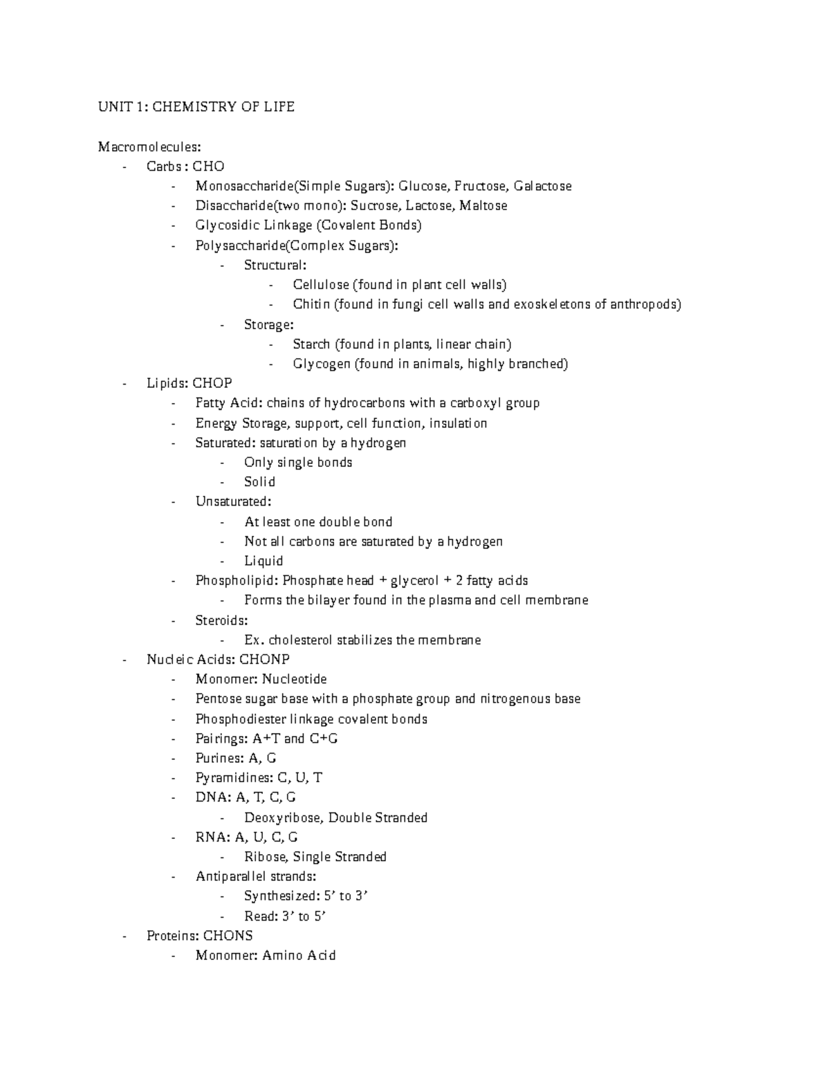 Unit 1: Chemistry of Life - Study Notes - Studocu