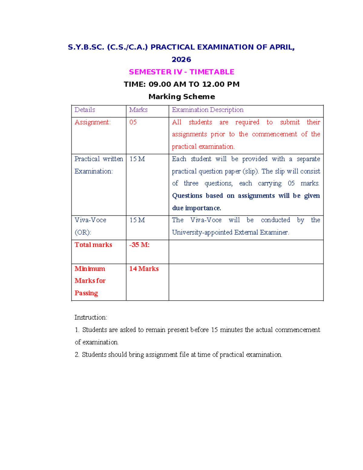 S.Y.B.Sc. Sem IV Practical Exam Timetable & Marking Scheme - Studocu