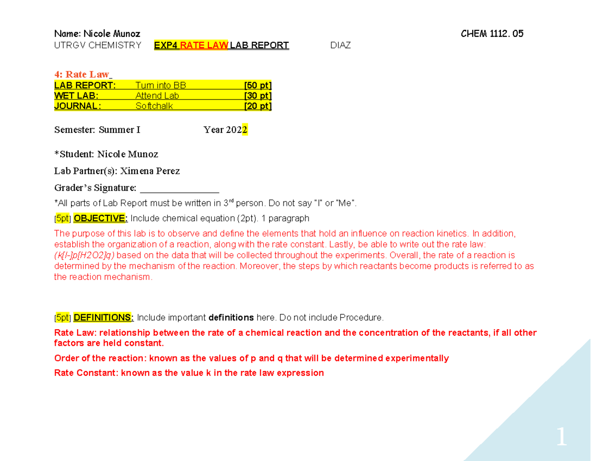 CHEM 1112 - Rate Law Wet Lab Report - Experiment 4 Analysis - Studocu