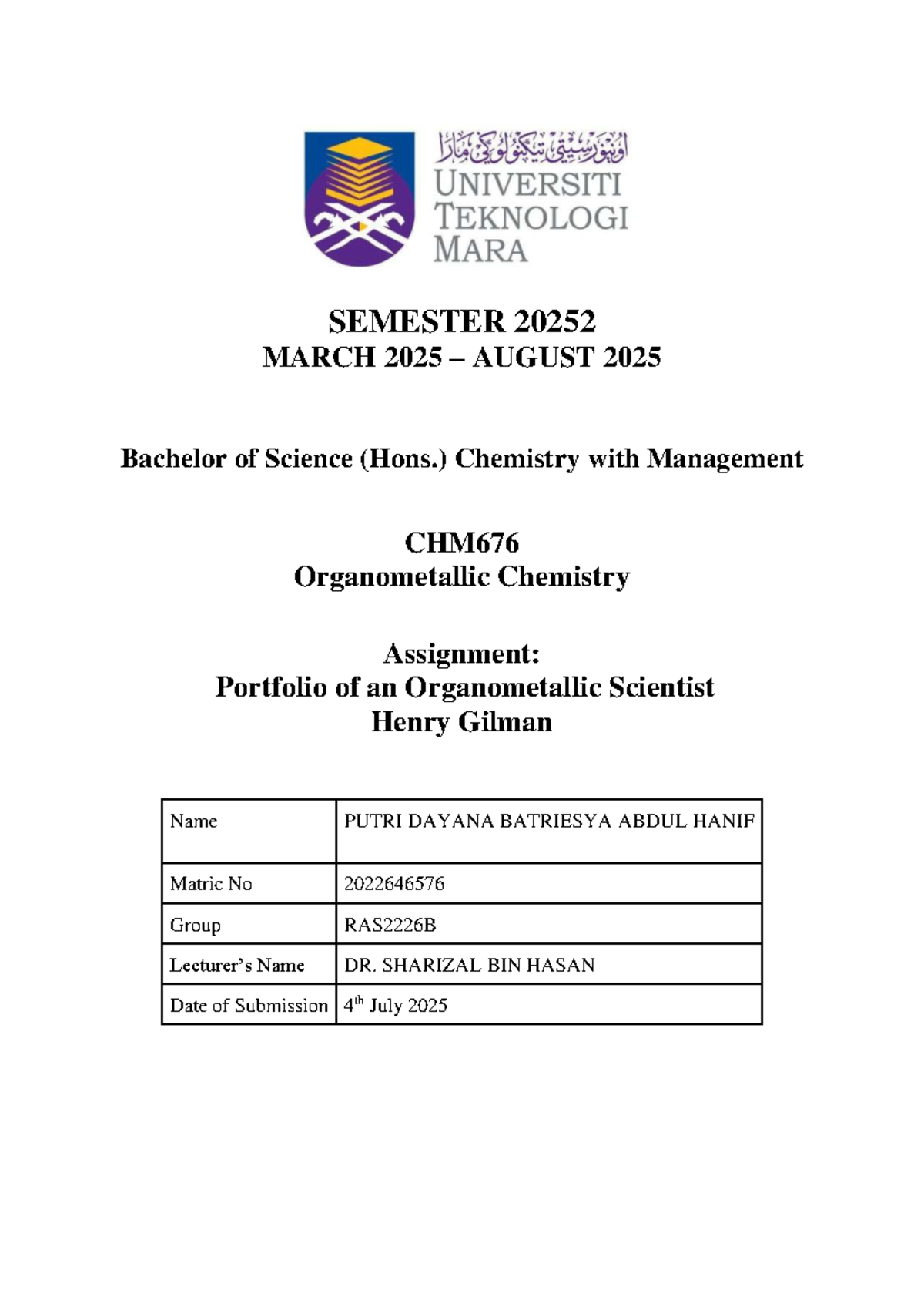 CHM676 Assignment: Portfolio on Henry Gilman in Organometallic ...