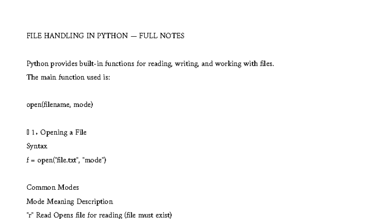 Python FILE HANDLING FULL NOTES: Functions & Examples - Studocu