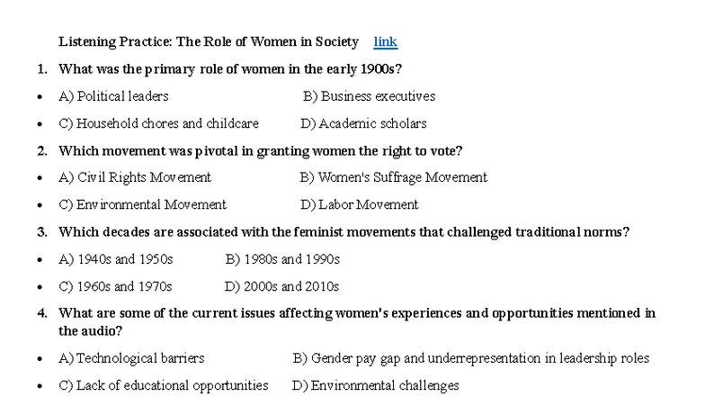 4b x2m - Listening Practice: Gender Inequality and Women's Roles - Studocu