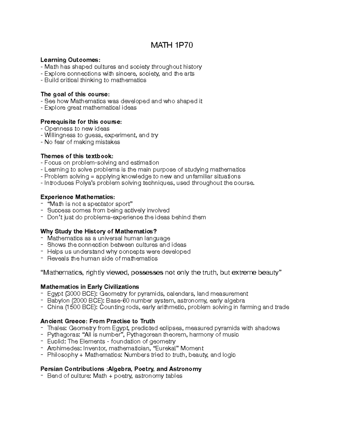 MATH 1P70 - Lecture 1: Exploring the History and Impact of Mathematics ...