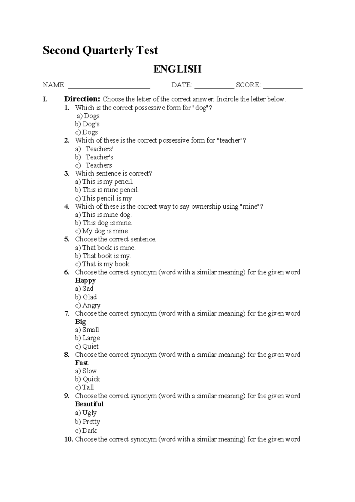 Second Quarterly Test English ANS - Second Quarterly Test ENGLISH NAME