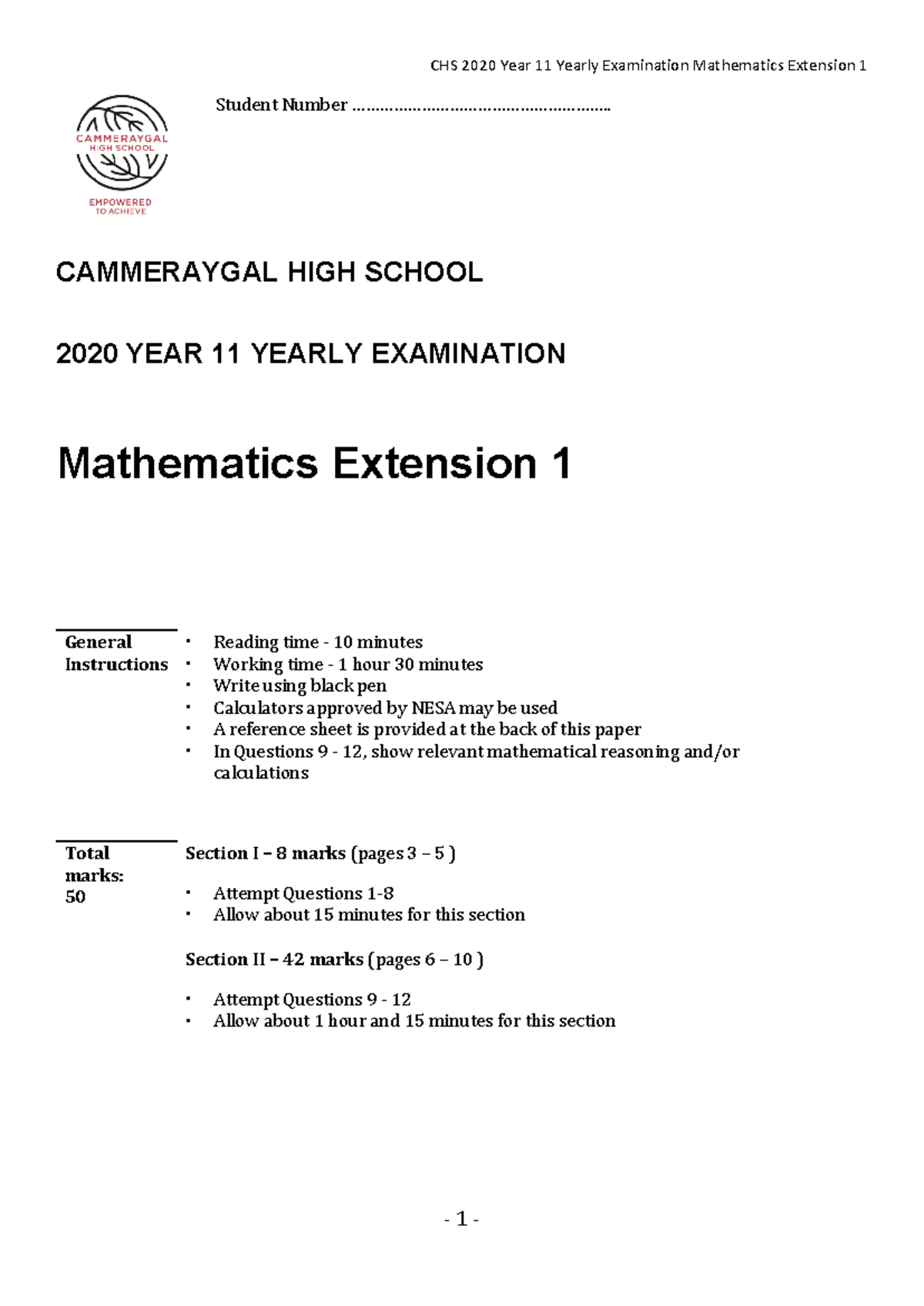 CHS 2020 Year 11 Yearly Exam Mathematics Extension 1 - Student Paper ...