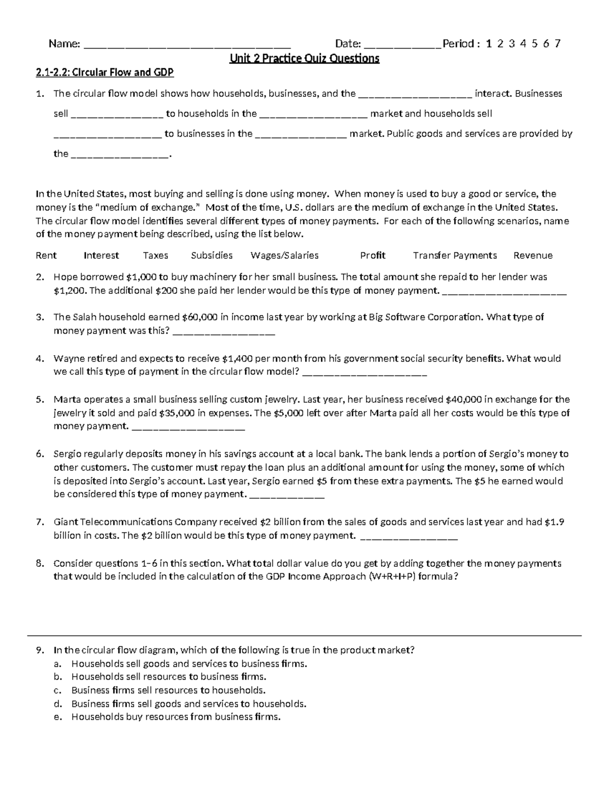 Unit 2 Practice Quiz: Circular Flow & GDP Concepts - Studocu