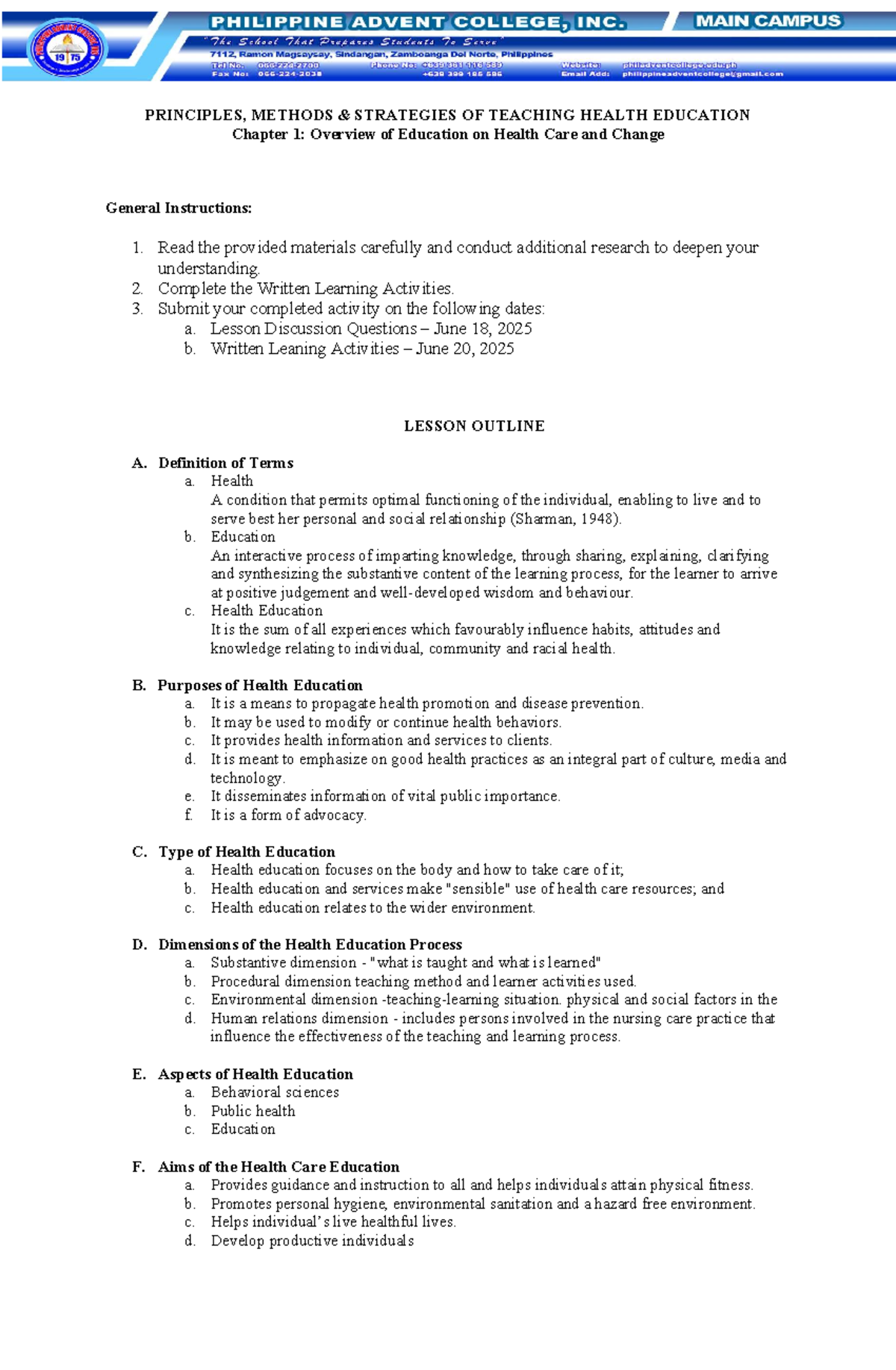 Principles & Strategies of Teaching Health Education (HE 101) - Chapter 1 - Studocu