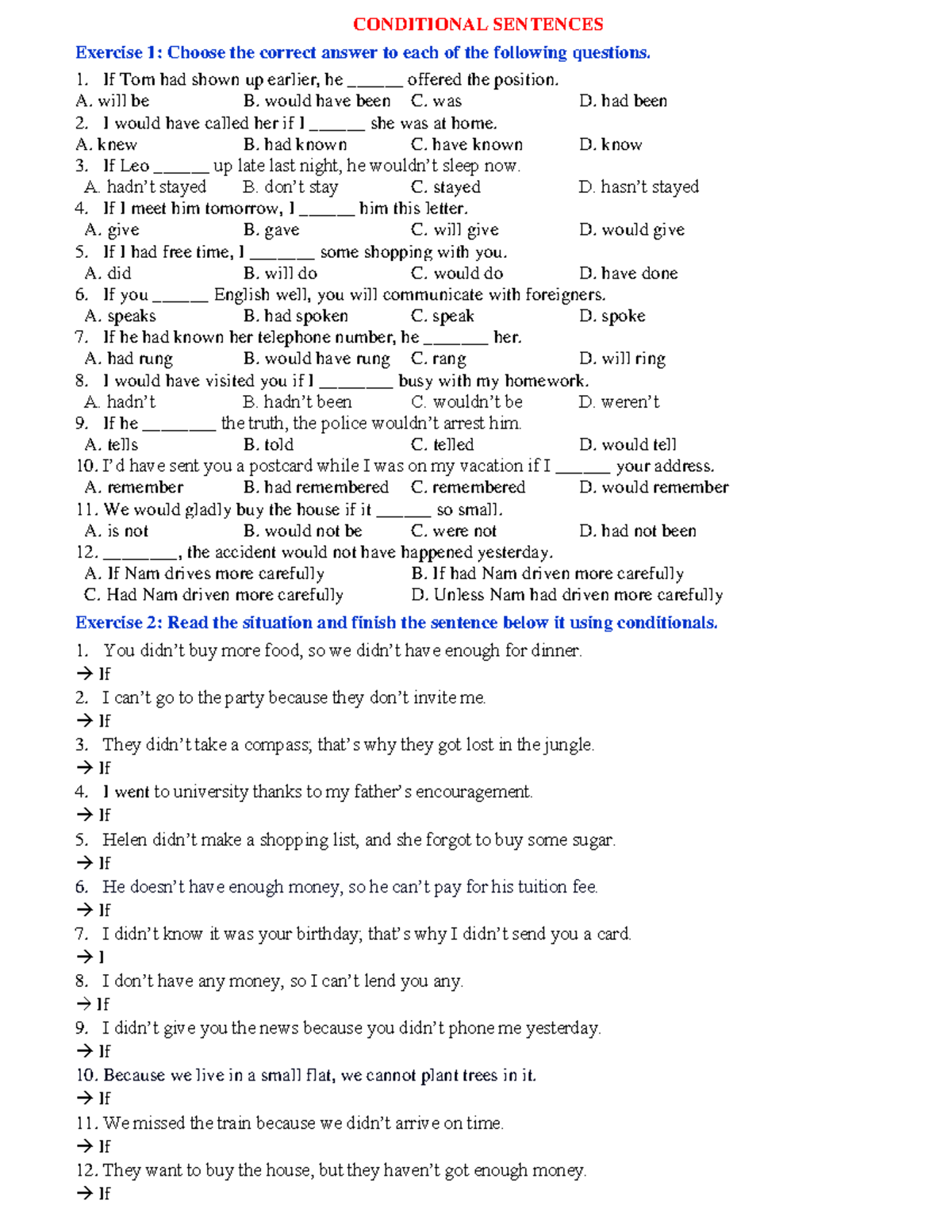 Conditional sentences exercise and answers for English class - Studocu
