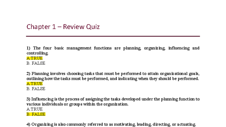 Chapter 1 Review Quiz: Management Functions & Skills - Studocu