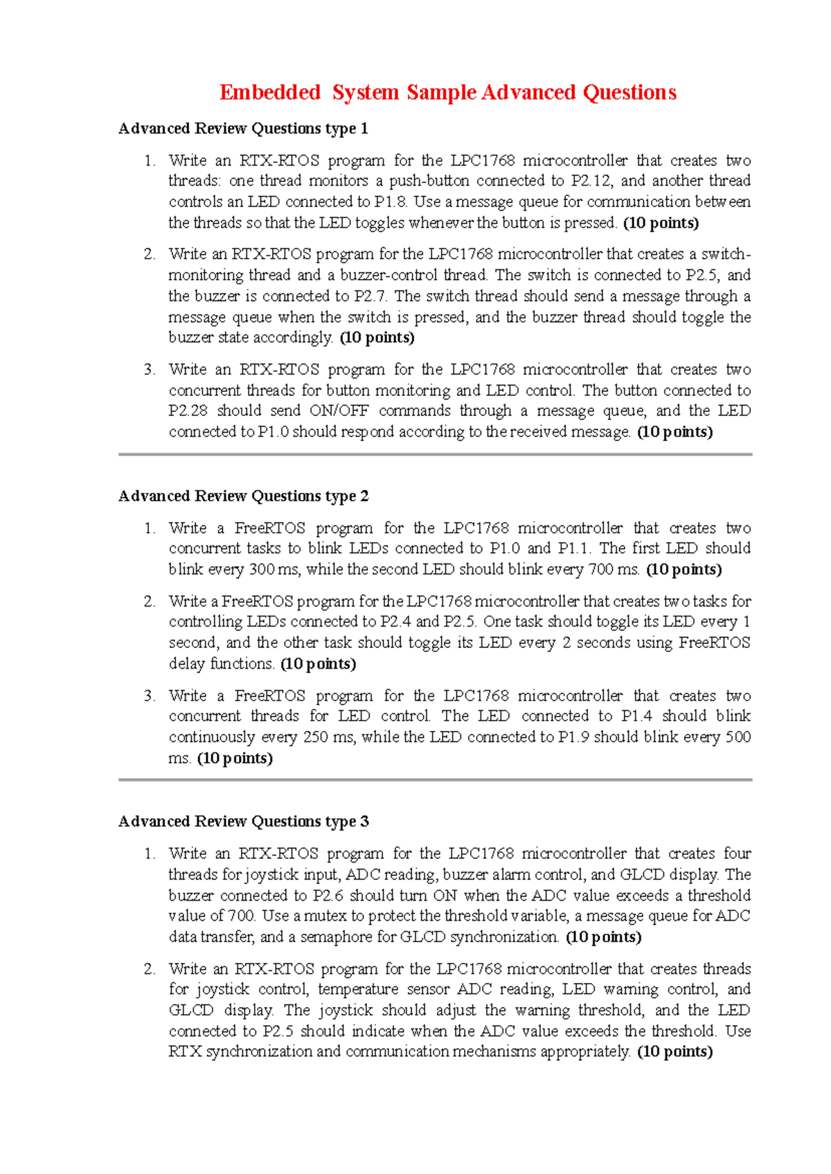 Embedded System Sample Advanced Questions (LPC1768) - Studocu