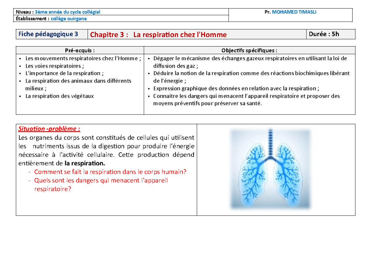 Fiche Pédagogique 3 : La Respiration - 3ème Année Collégiale - Studocu
