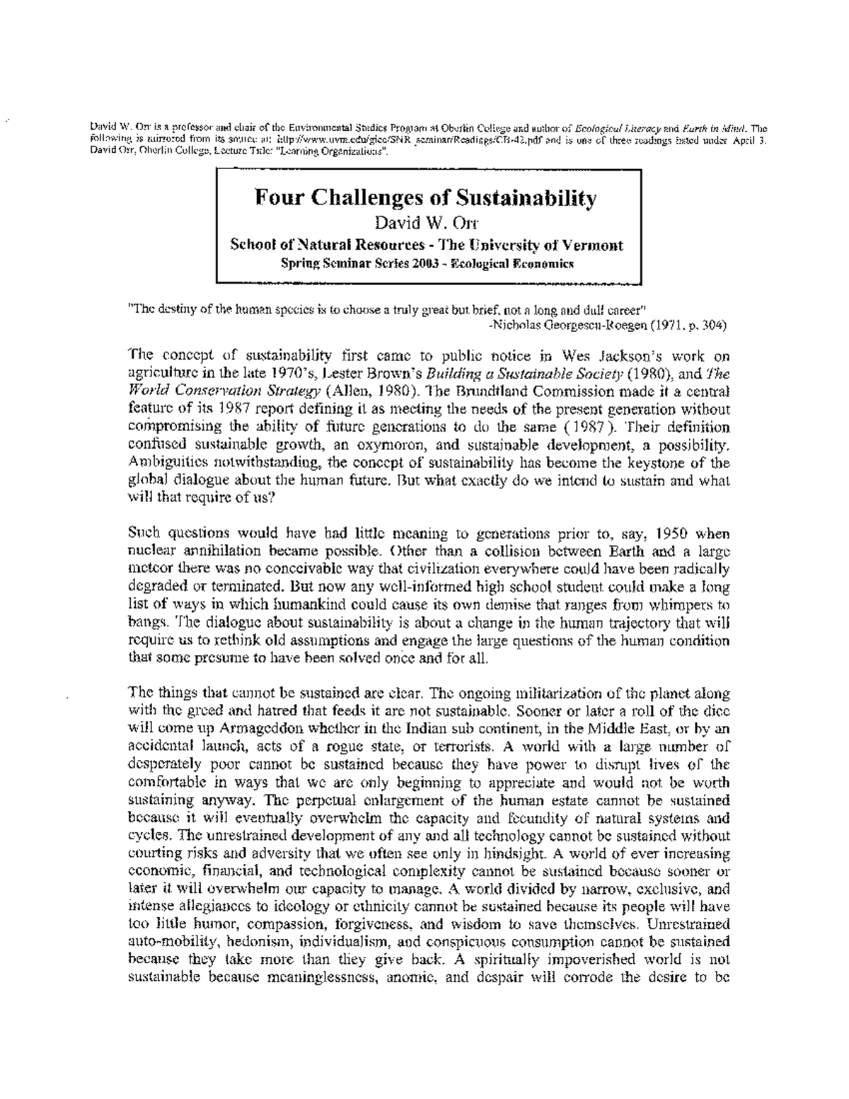 David W. Orr: Four Challenges of Sustainability - Study Guide - Studocu