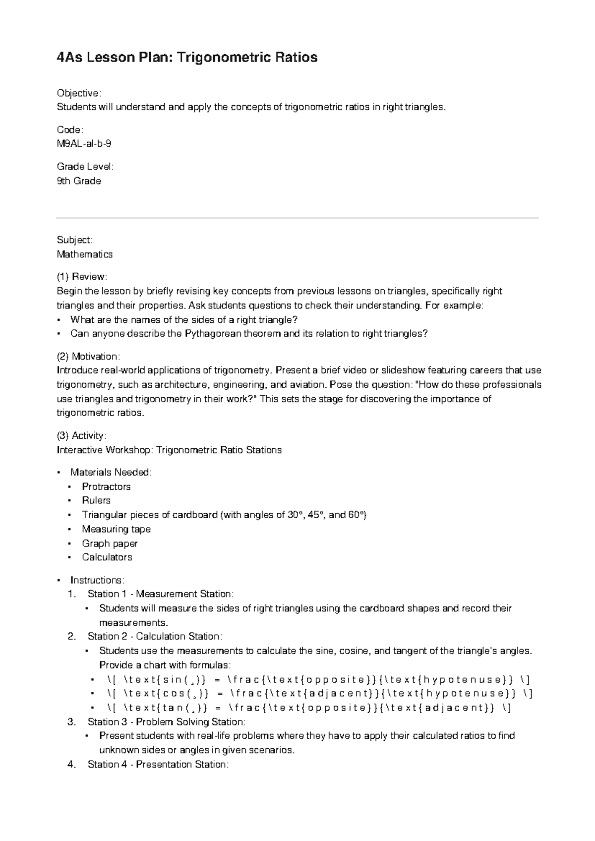 4As Lesson Plan: Understanding Trigonometric Ratios in 9th Grade Math ...