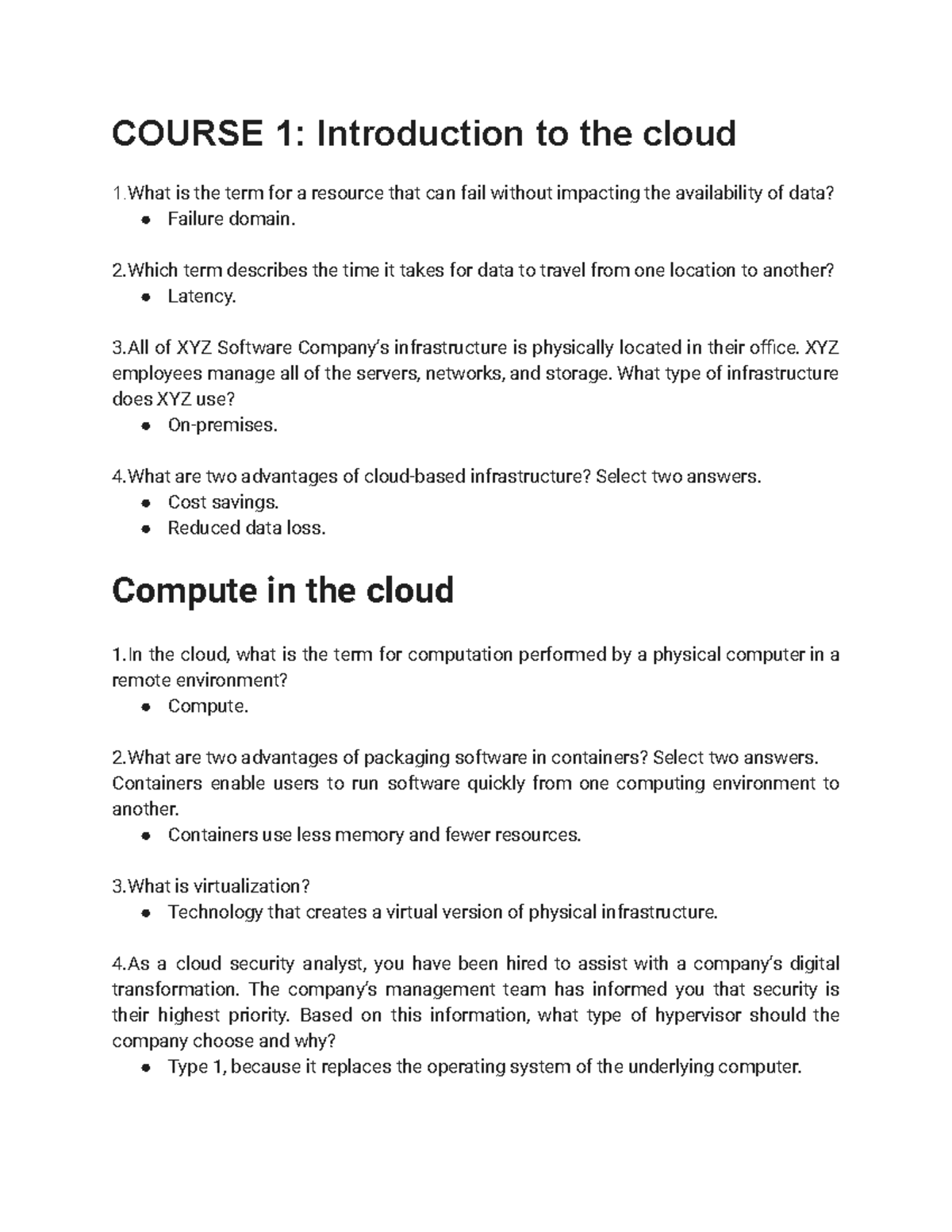 Cyber Security Quiz for COURSE 1: Cloud Fundamentals and Security ...