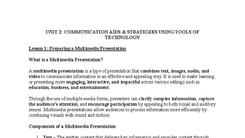 UNIT 2: COMMUNICATION AIDS - Multimedia Presentation Strategies - Studocu