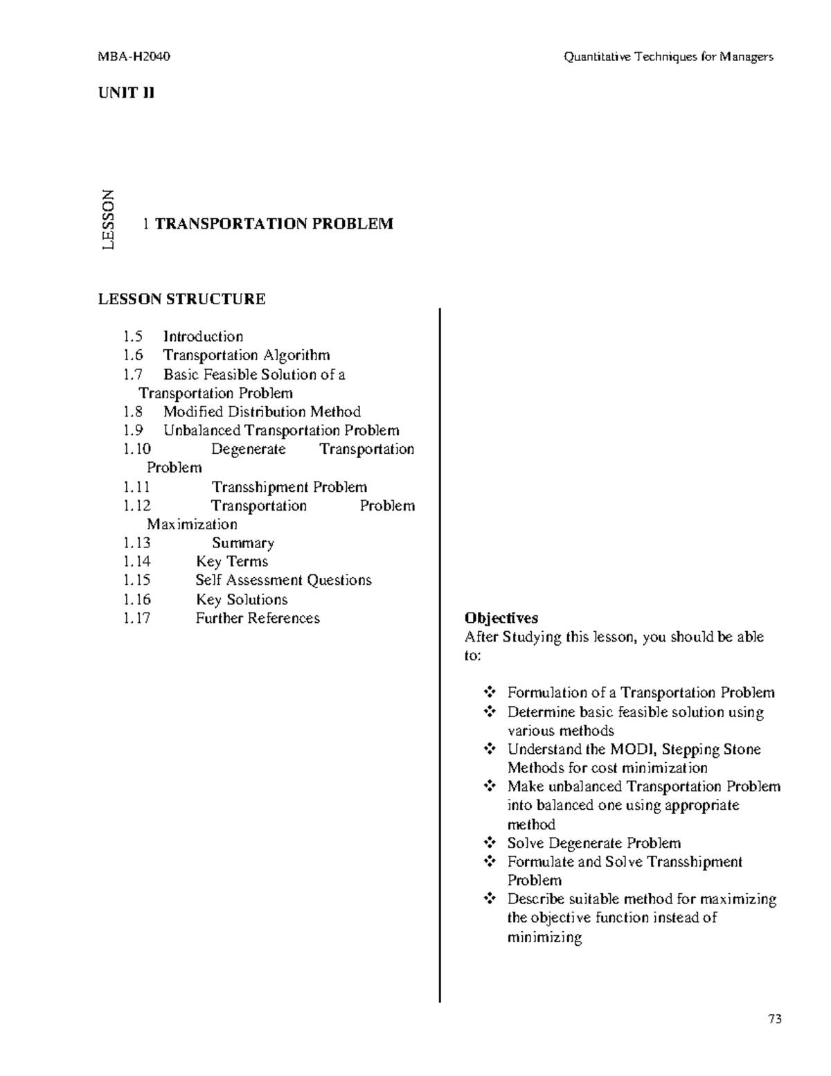 EMER-601 Operation Research: Transportation Problem Overview - Studocu