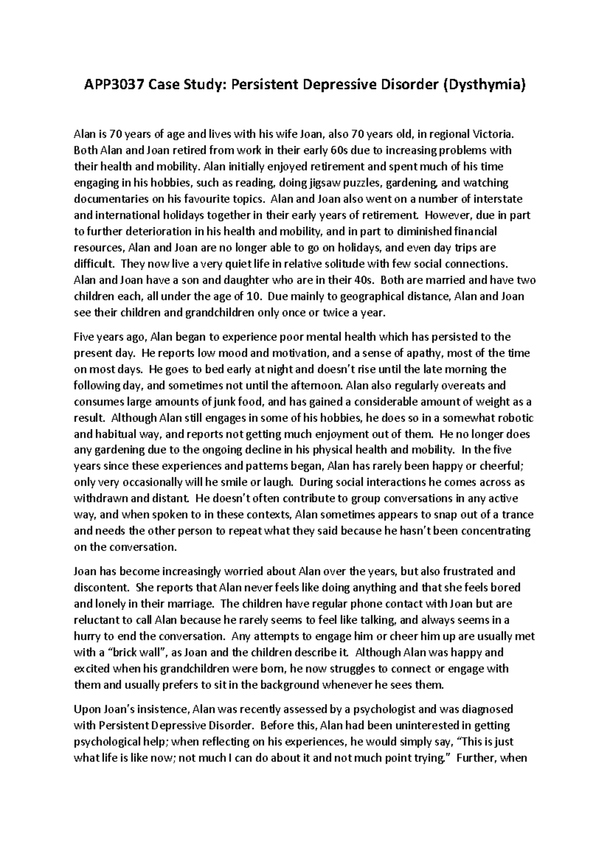 APP3037 Case Study Analysis - Persistent Depressive Disorder (PDD ...
