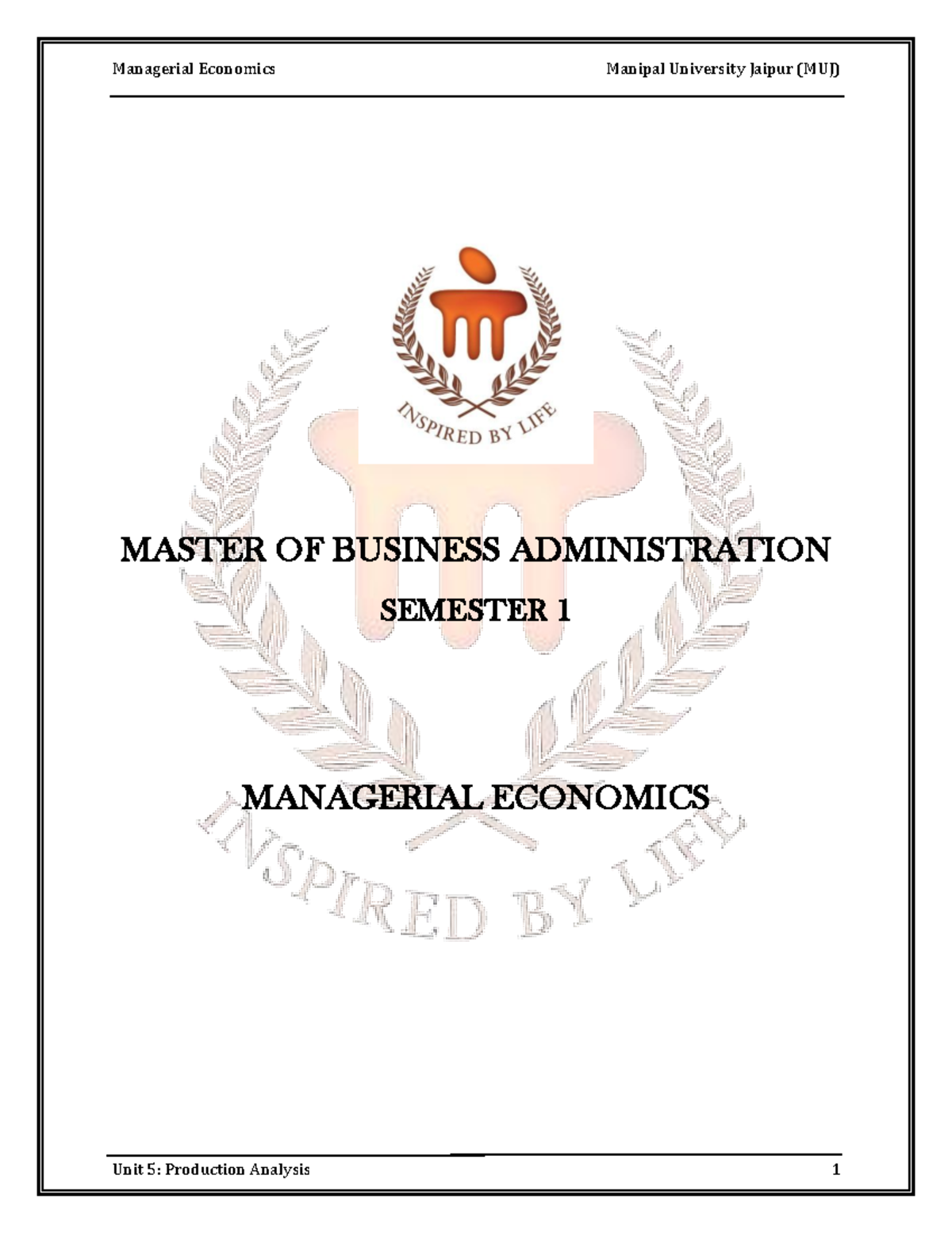 Managerial Economics - Production Analysis (Unit 5) - MUJ - MASTER OF ...