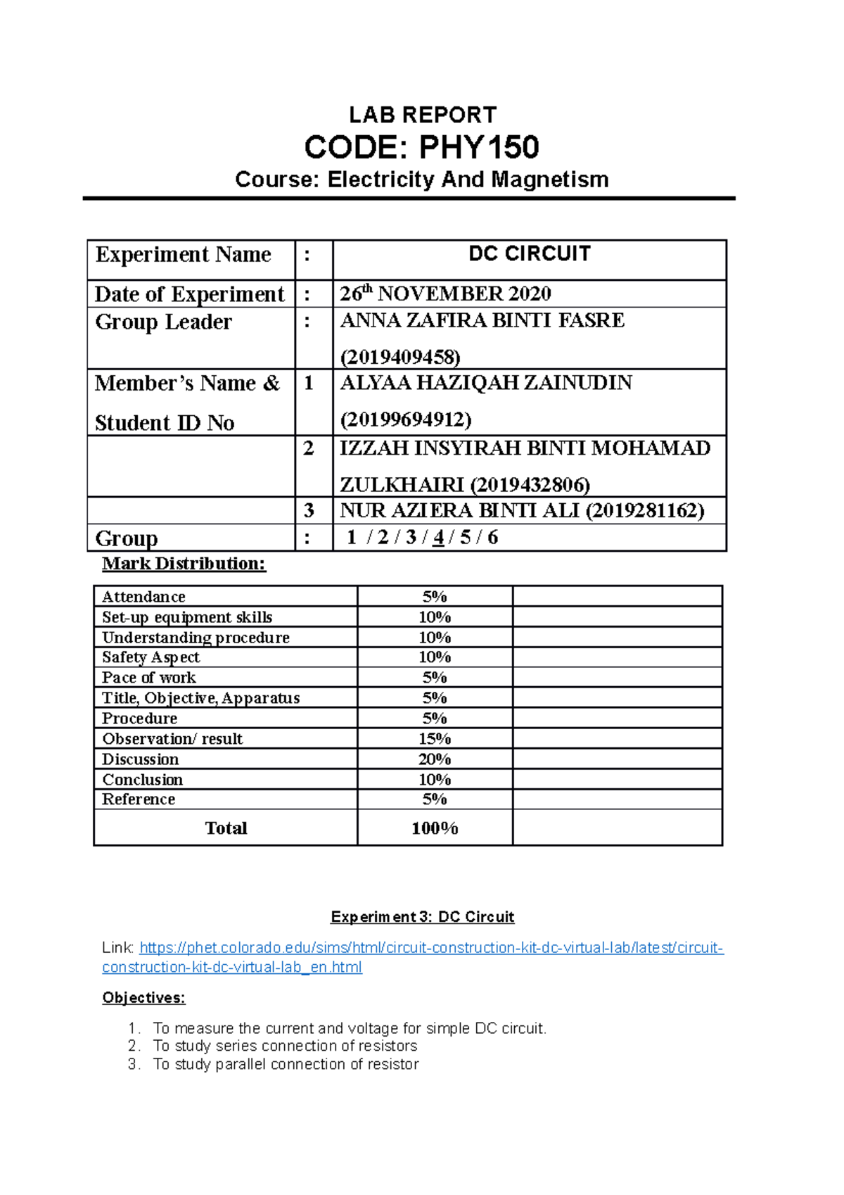 DC Circuit Lab Report - PHY Experiment 4 on Electricity & Magnetism ...