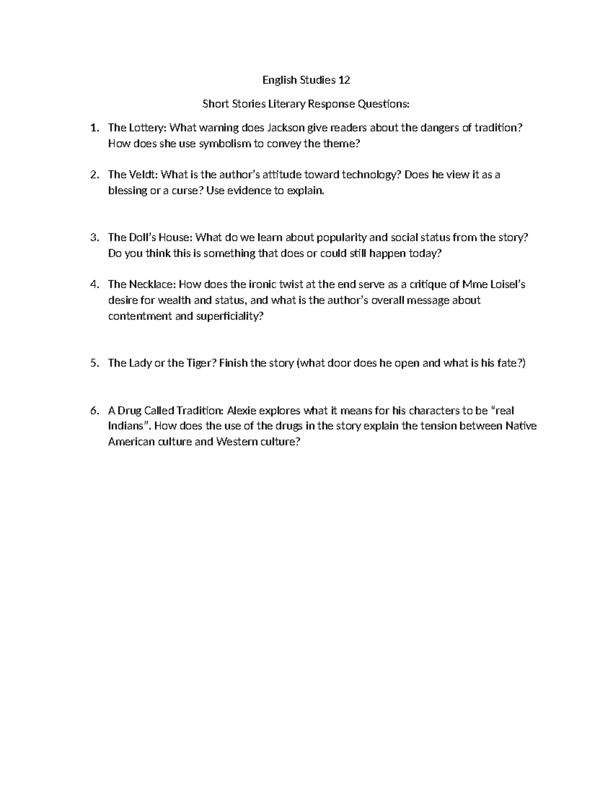 English Studies 12 Literary Response Questions on Short Stories - Studocu