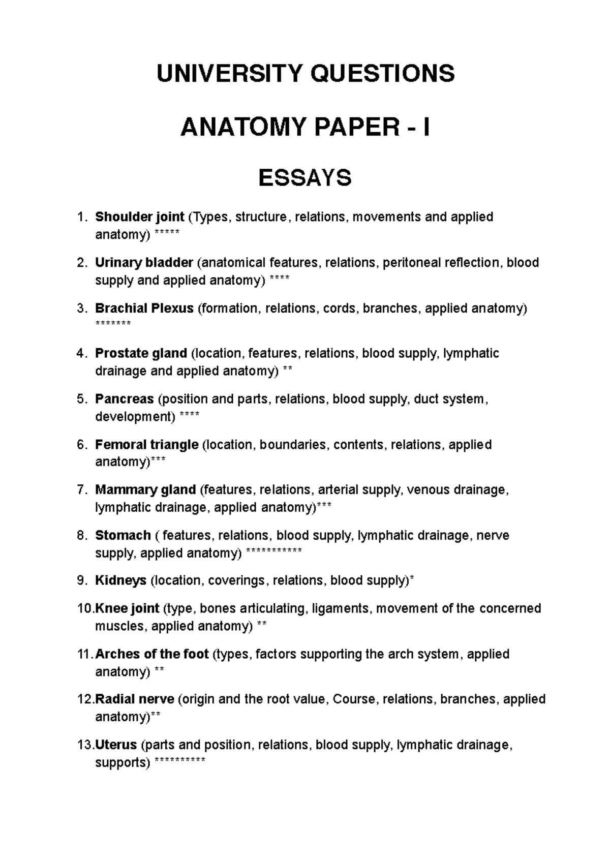 UNIVERSITY ANATOMY PAPER I ESSAYS & SHORT NOTES (Batch 13) - Studocu