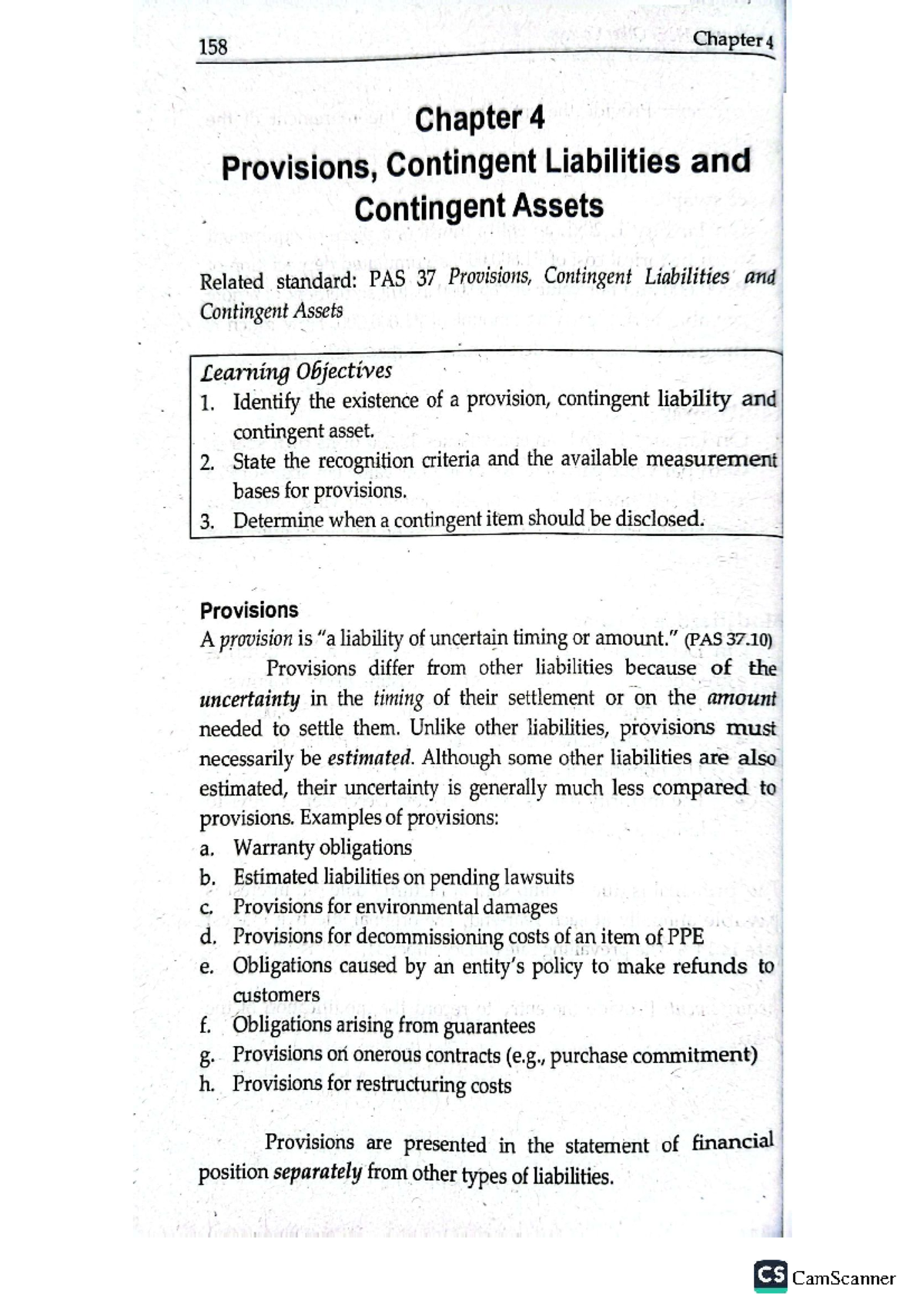 158 CS Chapter 4: Provisions, Contingent Liabilities & Assets Overview ...