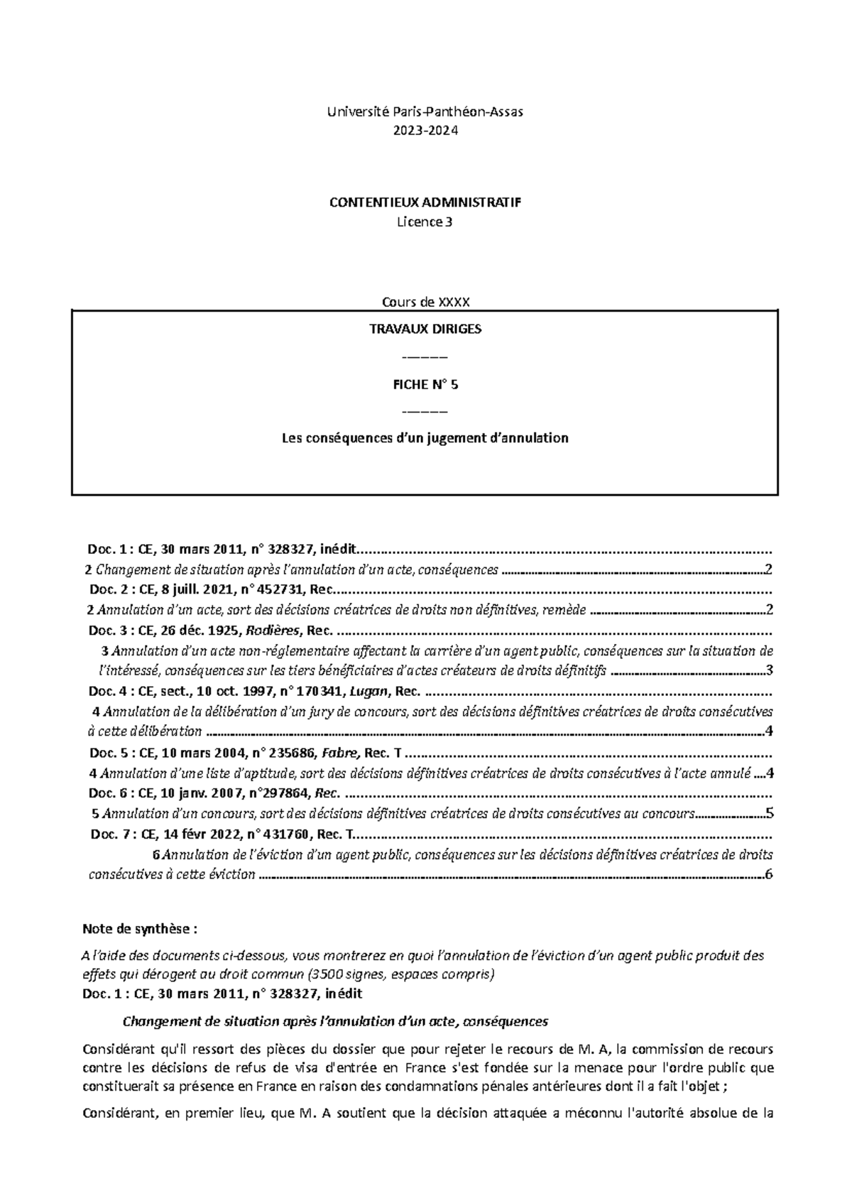 Fiche 5 - Résumé des Conséquences du Contentieux Administratif - Studocu