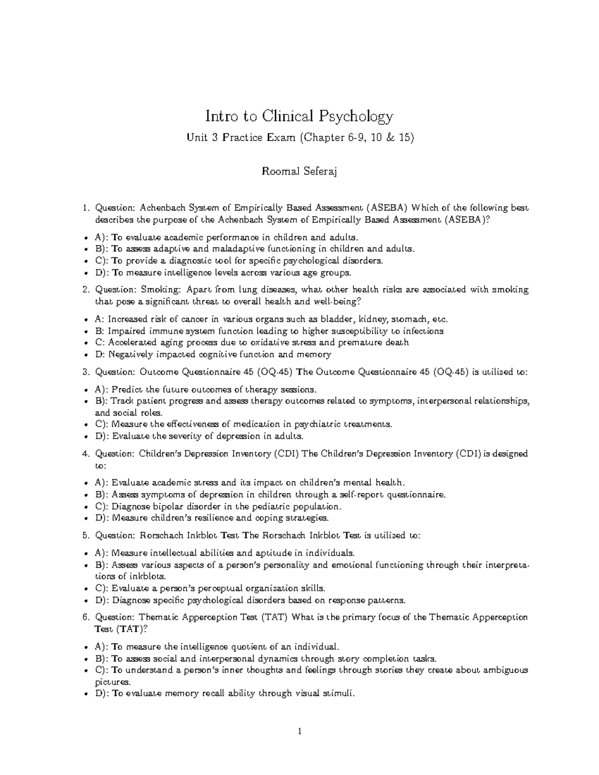PSY-2410 Unit 3 Practice Exam - Intro to Clinical Psychology Unit 3 ...