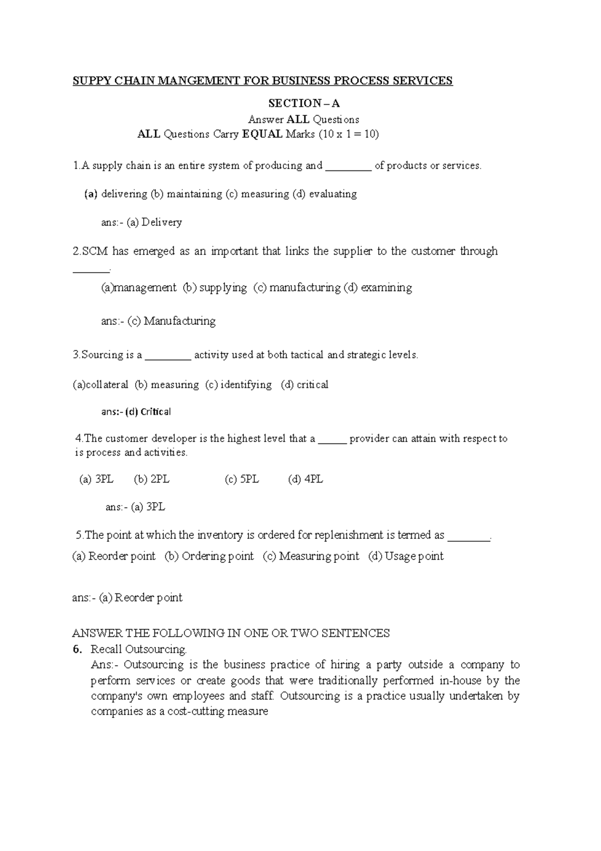 Supply Chain Management Exam Paper for BPS 101: Comprehensive Insights ...