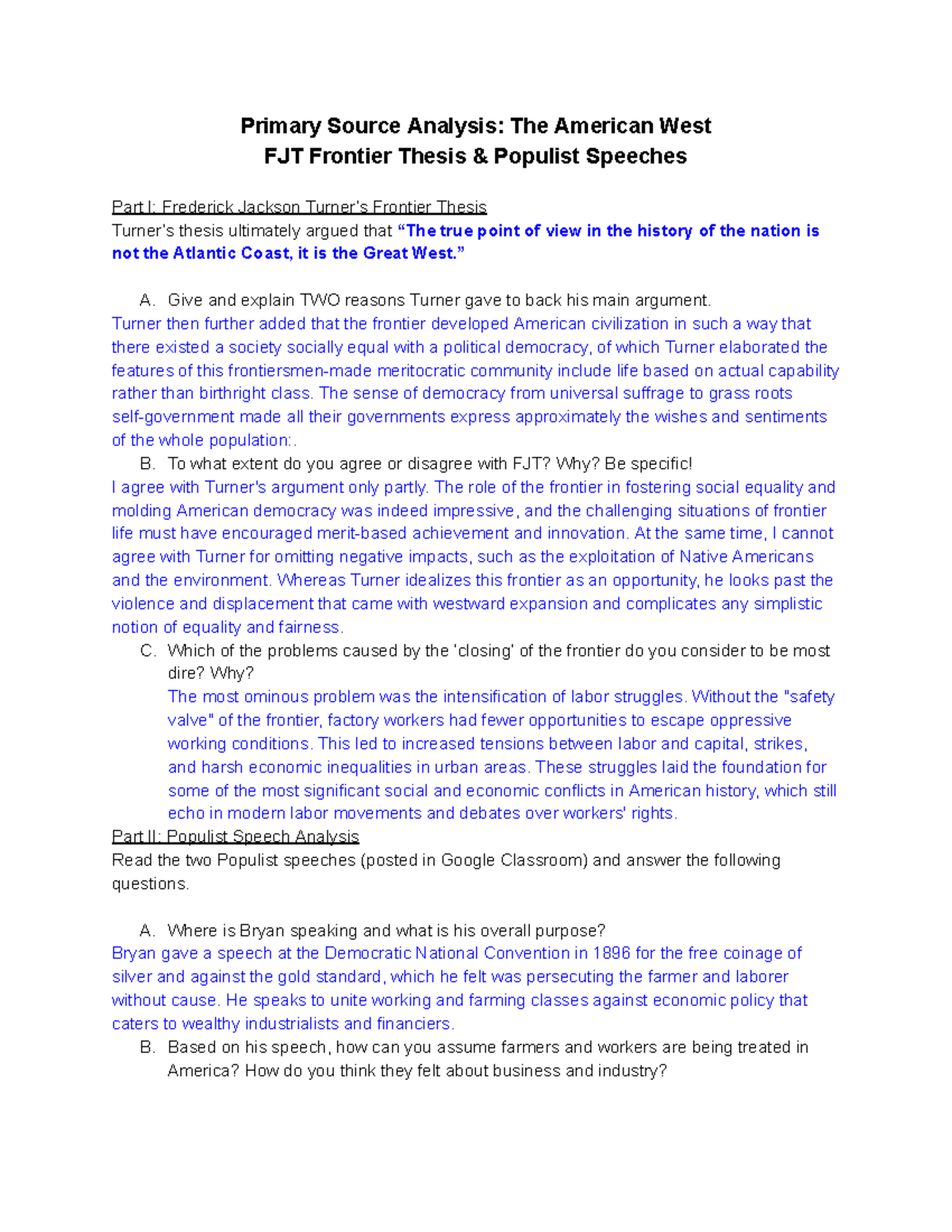 Primary Source Analysis: FJT & Populist Speeches in The American West ...